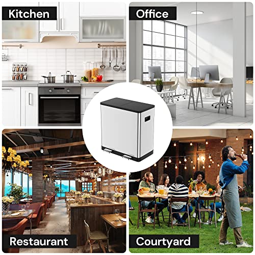 SunsGrove Trash Can 60L/16 Gallon Dual Trash Bin Recycle Bin with Dual Compartments Stainless Steel Step Garbage Can with Soft-Close Lid & Foot Pedals Recycling Bin for Kitchen/Office