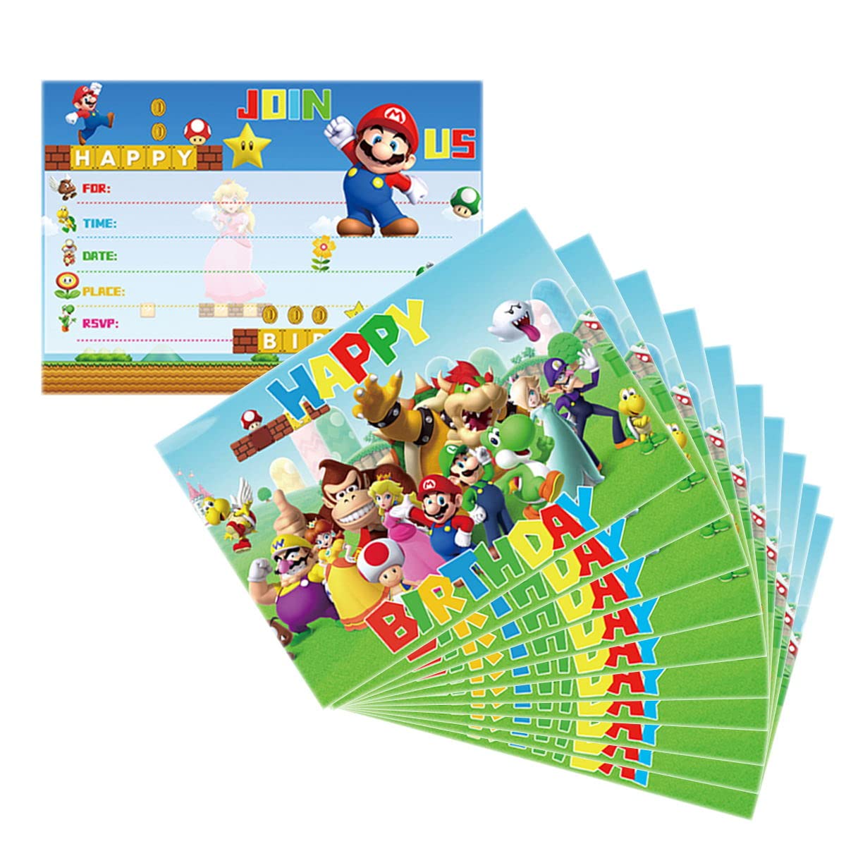 NF 24PCS Mario Birthday Party Invitations card, Video game party supplies,Super Bro Party Supplies for Kids
