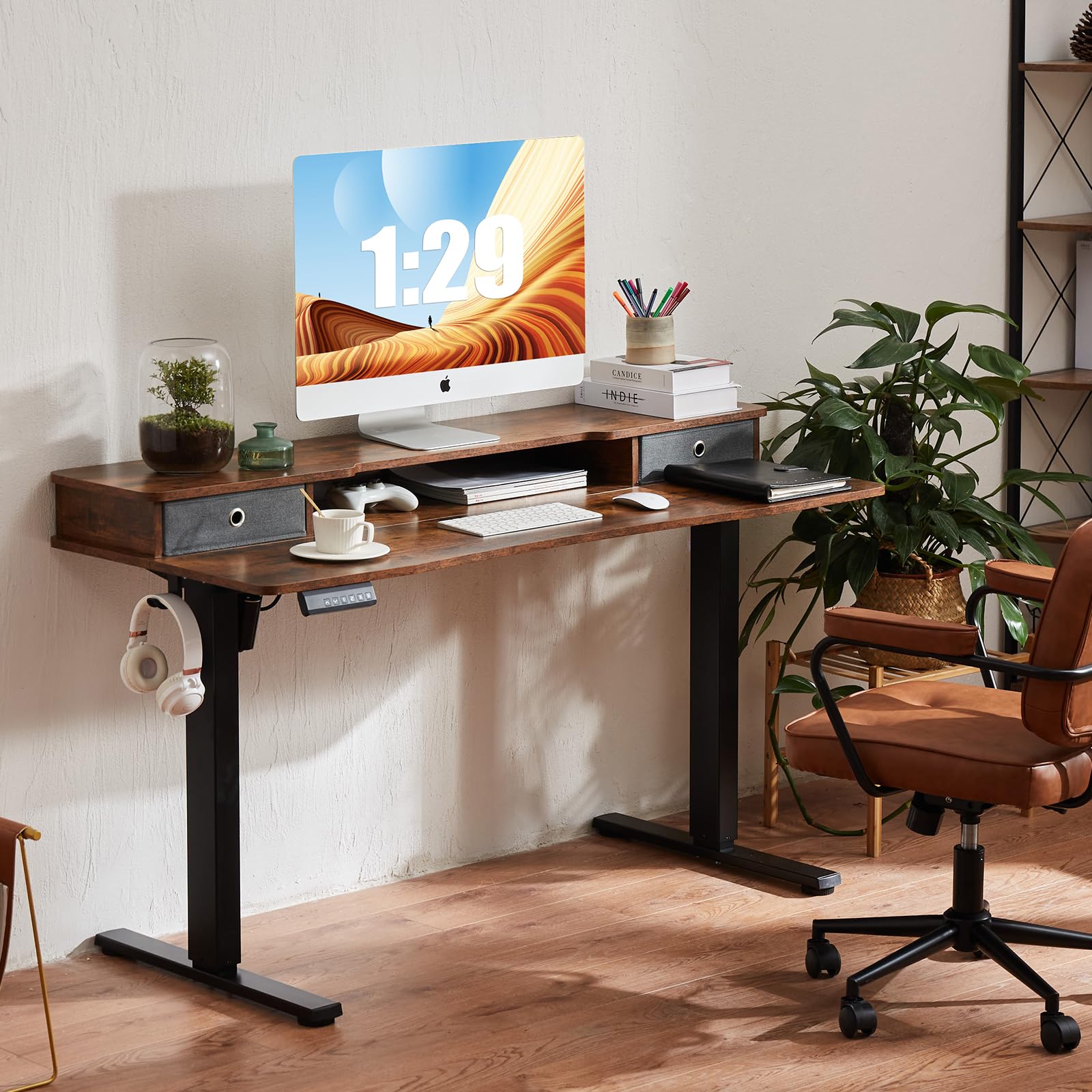 Electric Standing Desk Adjustable Height Stand Up Desk, 55 x 24 Inch Sit Stand Desk Adjustable Desk, Home Office Computer Desk with Storage Shelf, Double Drawer, Splice Board, Rustic Brown Desktop