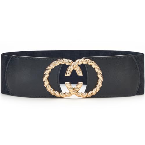 LUCHENGYI Women Stretchy Vintage Belt for Dresses Elastic Waist Wide Cinch Metal Buckle Ladies Belts Black White Plus Size 3 inch Wide Black M