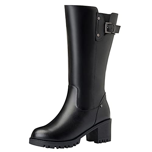 FASDNENDYS Knee High Boots Women High Shoes Fashion Short Boots Retro Zipper Chunky Women's Short Ran Boots Black