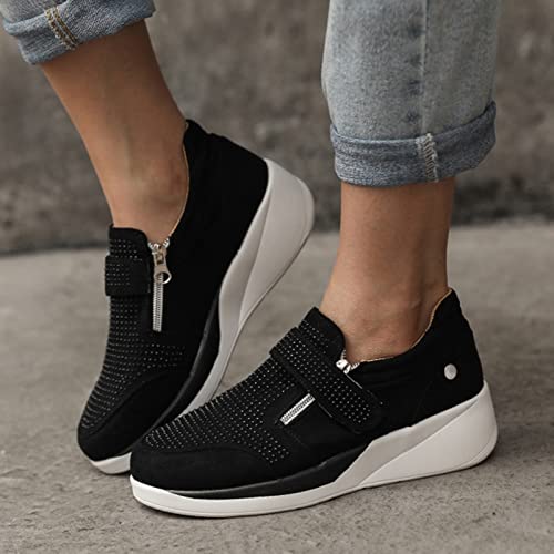 FASDNENDYS Ladies Fashion Solid Color Rhinestone Hook Loop Wedge Casual Swim Shoes for Swimming Women Black