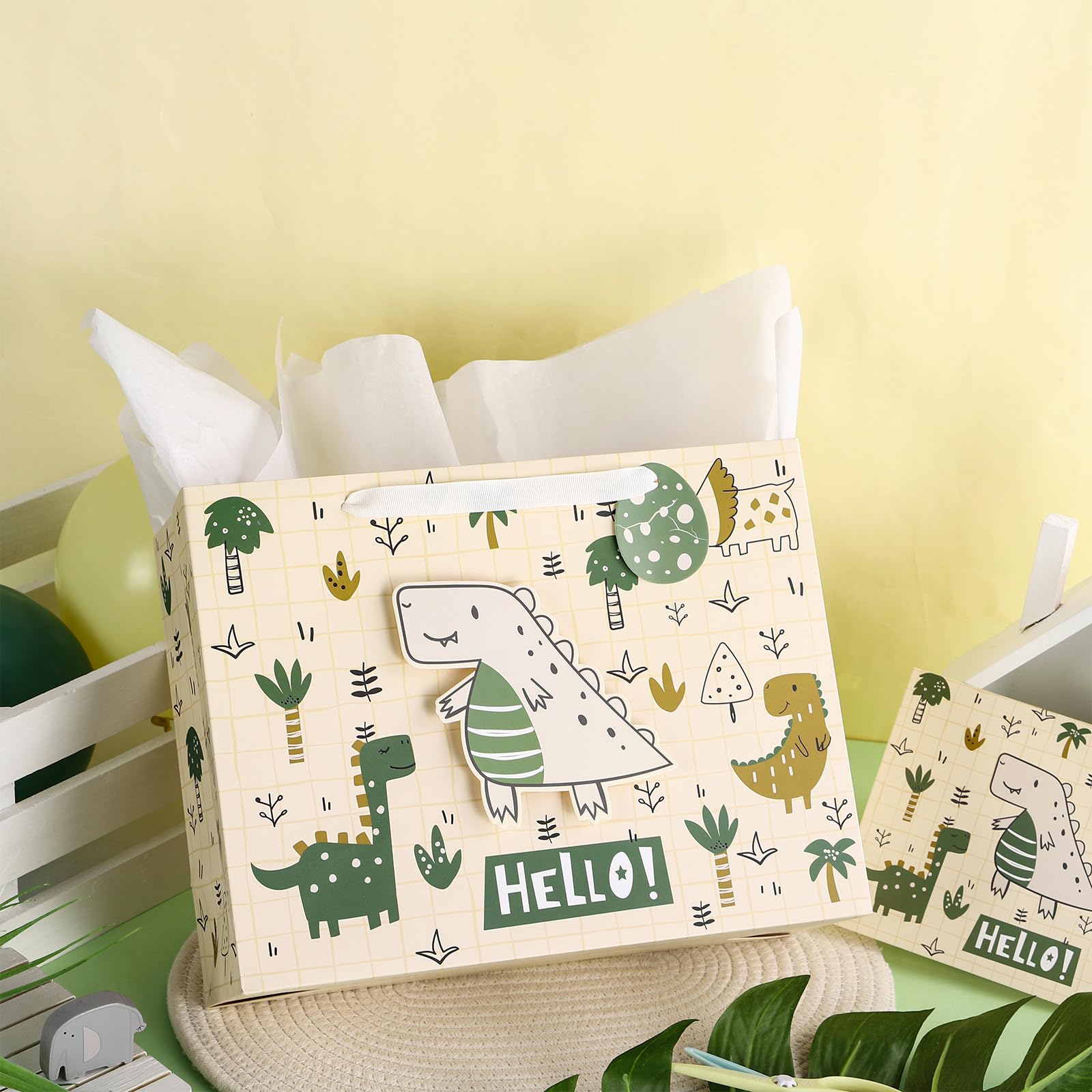 Loveinside Baby Gift Bag Dinosaur and Hedgehog Design with Tissue Paper and Greeting Card for Baby Shower, New Parents, and More - 13" x 5" x 10", 1 Pcs