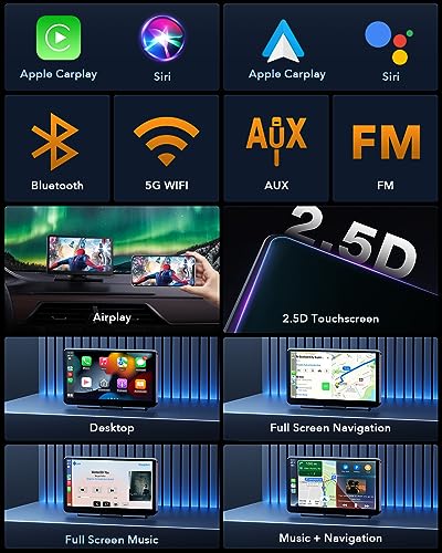 LAMTTO Portable Wireless Car Stereo Apple Carplay with Airplay, 7" HD Touch Screen Android Auto for Cars, Car Radio Receiver with Bluetooth, FM, AUX, Voice Control, GPS Navigation for All Vehicles