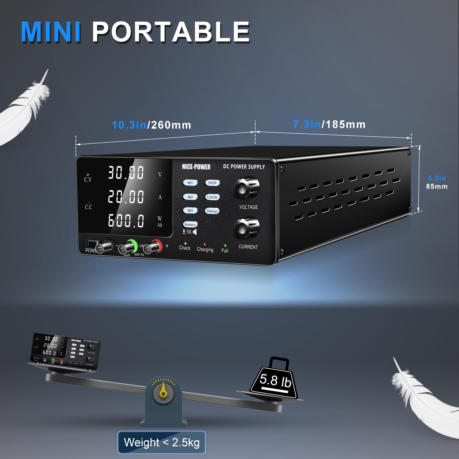 NICE-POWER DC Power Supply Variable, 30V 20A 600W High Power Bench Power Supply for Battery Charging, Adjustable Switching Regulated Power Supply with OCP, Memory Storage, Output Switch, Lock Button