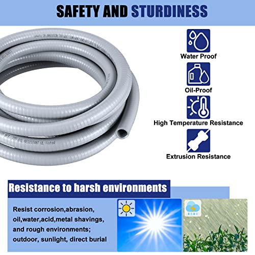 Electrical Conduit and Connector Kit Flexible Liquid Tight Electrical Conduit Non Metallic Electrical Conduit with 5 Straight and 3 Angle Fittings Included (1/2 Inch 50 Ft)