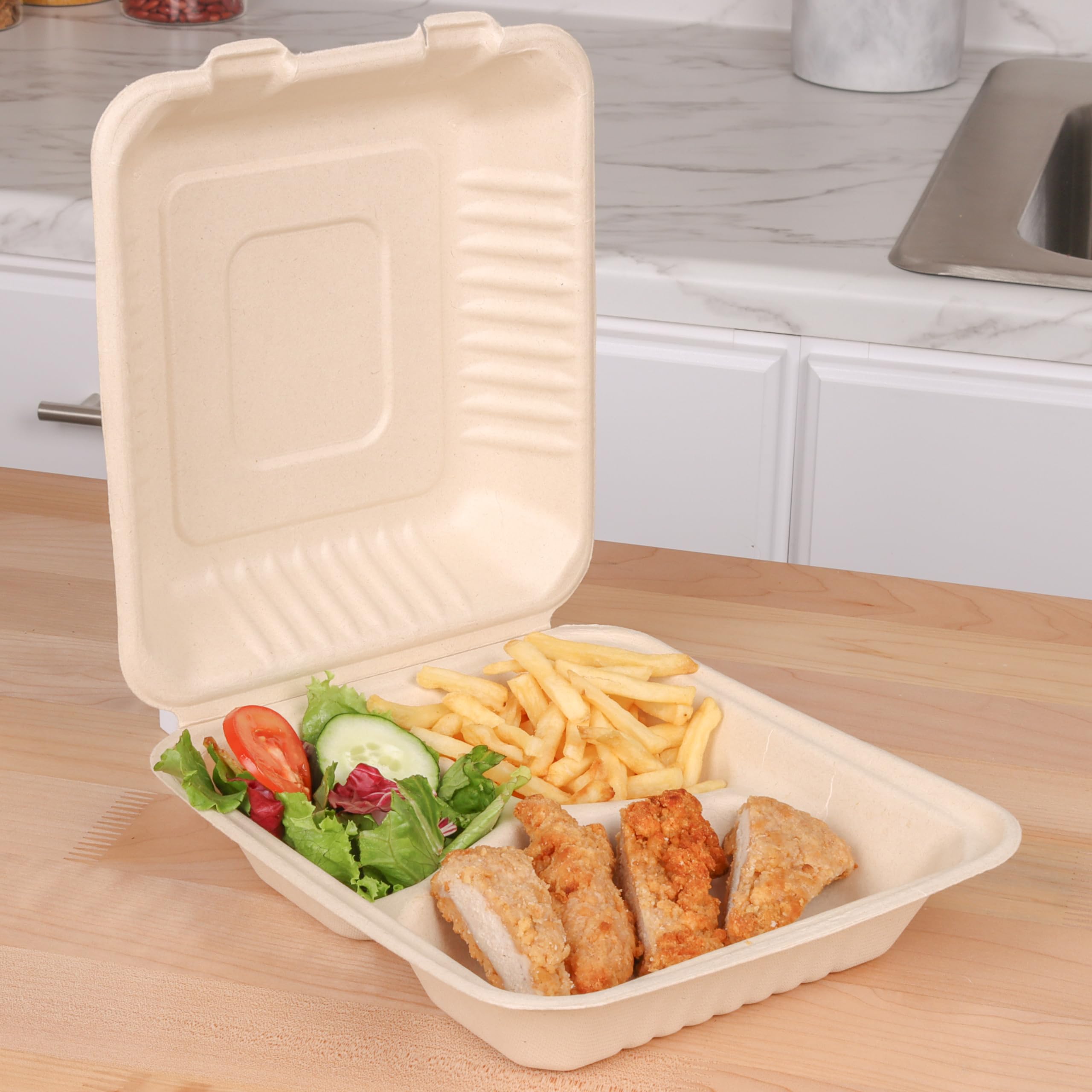 ECORIYO 3 Compartment To Go Containers with Lids β 100-Pack of Take Out Boxes, Disposable Food Containers, Sugarcanes Biodegradable Togo Plates - Paper Clamshell Box for Lunch, Cake, Dessert
