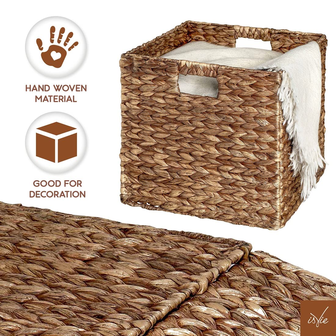 IsVie Woven Hyacinth Storage Baskets 4 Pack, Rectangle Storage Container Organizer Baskets with Built-in Handles Home Organizing Laundry Organizer Cube Baskets (Brown, Set of 4)
