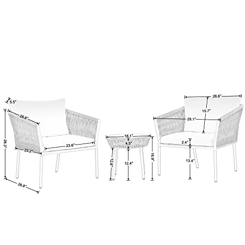 KELRIA Woven Rope Conversation Set, Rattan Couch Sofa Including 2 Single Chairs and Coffee Table, Suitable for Indoor, Outdoor, Balcony, Courtyard, Poolside, Lawn, Backyard, Gray, Gary
