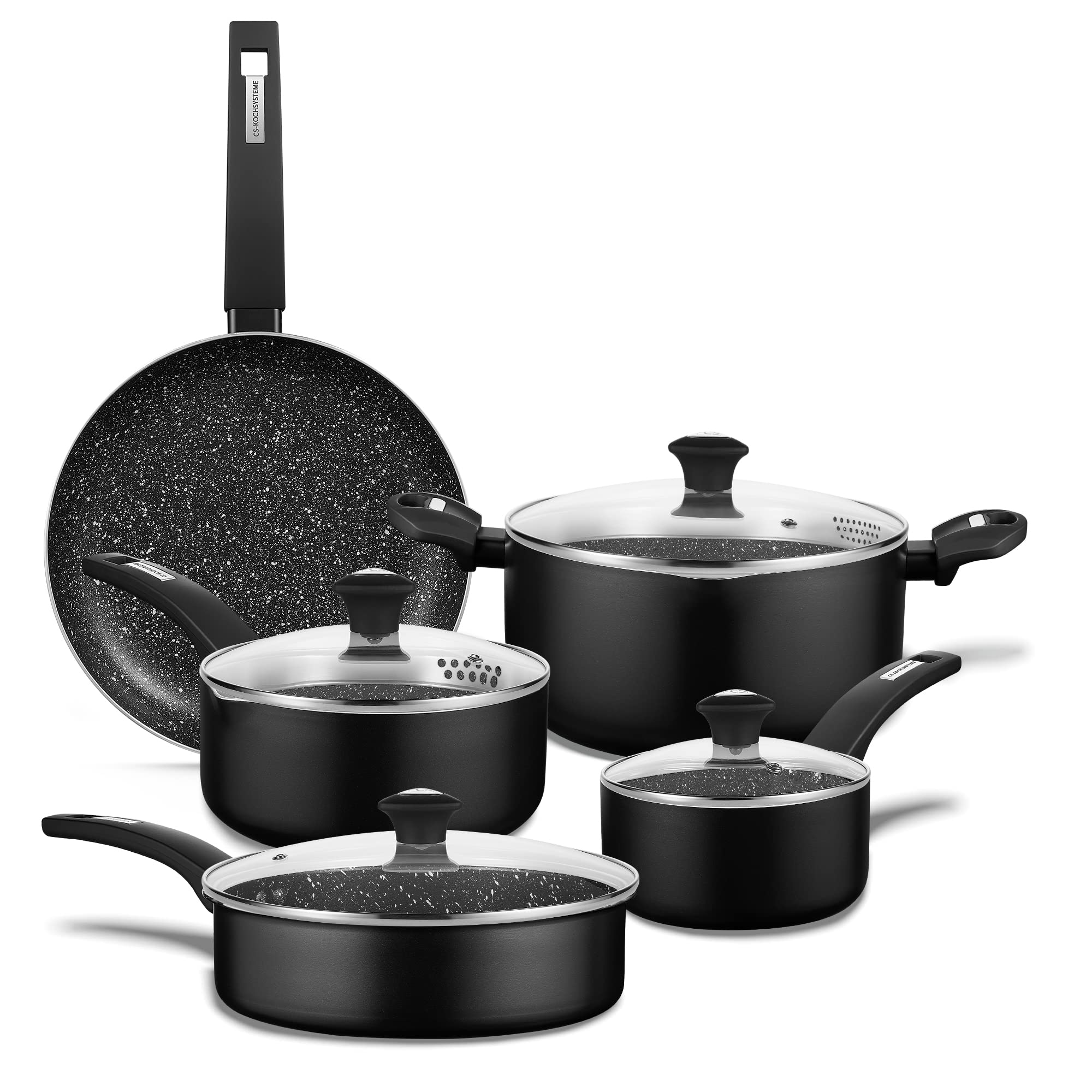 CSK Kitchen Cookware Set - Pots and Pans Set with Lid, Nonstick Pan Set with Black Granite Derived Coating, PFOS/PFOA Free, Housewarming Gift, Black with White Dot, 9 Pieces…