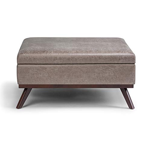 SIMPLIHOME Owen 36 Inch Wide Mid Century Modern Square Coffee Table Lift Top Storage Ottoman in Upholstered Distressed Grey Taupe Faux Leather, For the Living Room