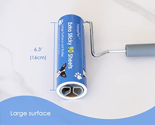 YabeePet Extreme Sticky Large Surface Lint Roller, Long Handle Pet Hair Remover, Designed for Removing Pet Dog Cat Hair 90 Sheets per Roll, 6.3 inch Width (1 Roller+2 Refills)