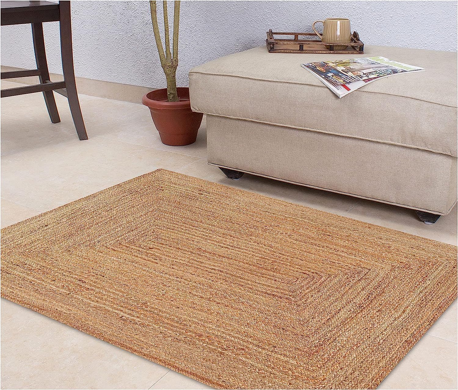 KEMA 3X5 Feet Handwoven Jute Braided Area Rug, Natural Yarn - Rustic Vintage Braided Reversible Rectangular Rug- Eco Friendly Rugs for Bedroom, Kitchen, Living Room, Farmhouse