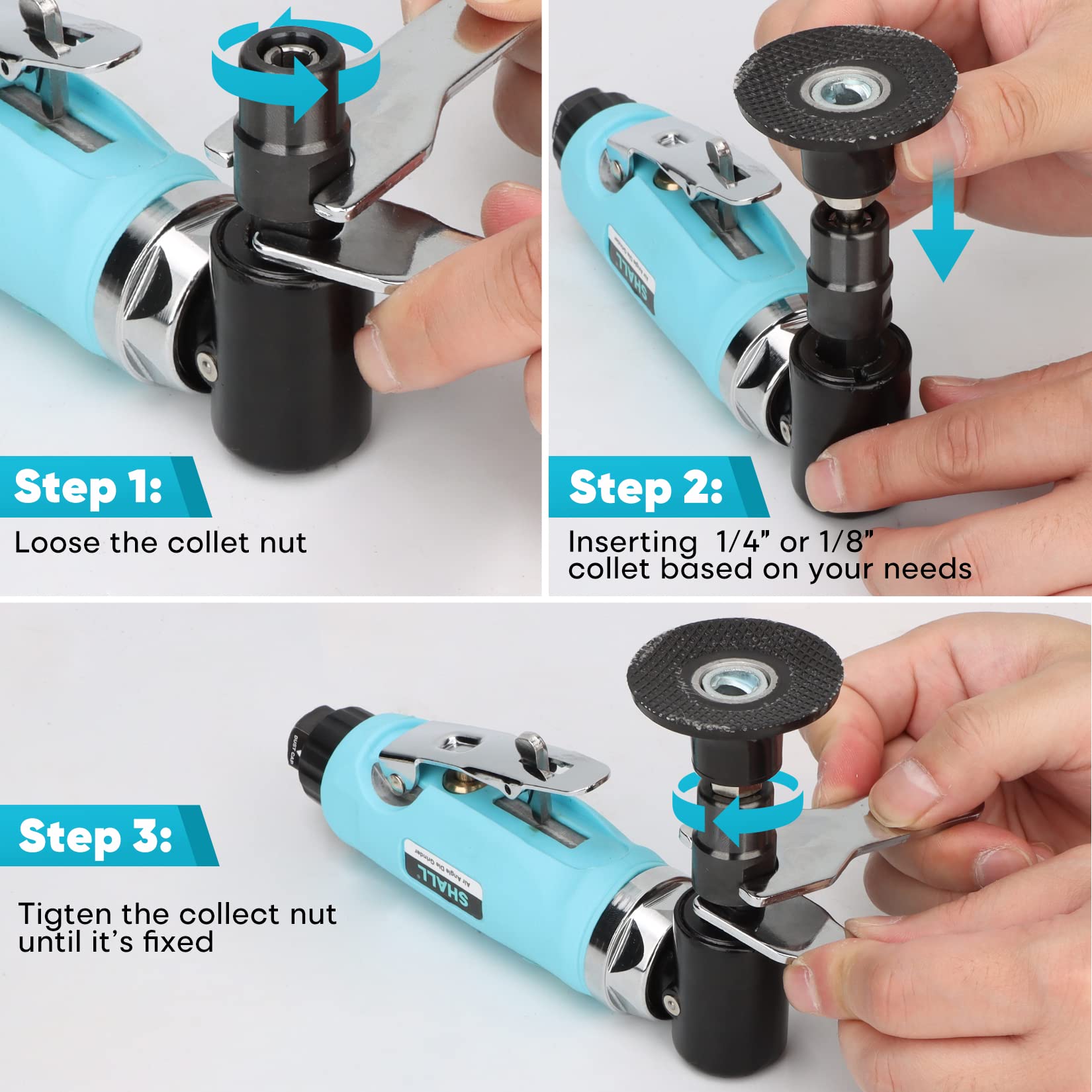 SHALL Air Die Grinder, 1/4" Pneumatic Right Angle Die Grinder, 1/4" & 1/8" Collets, Air Connector, Lubricant and Chuck Key Included, for Grinding, Polishing, Deburring, Engraving and Rust Removal