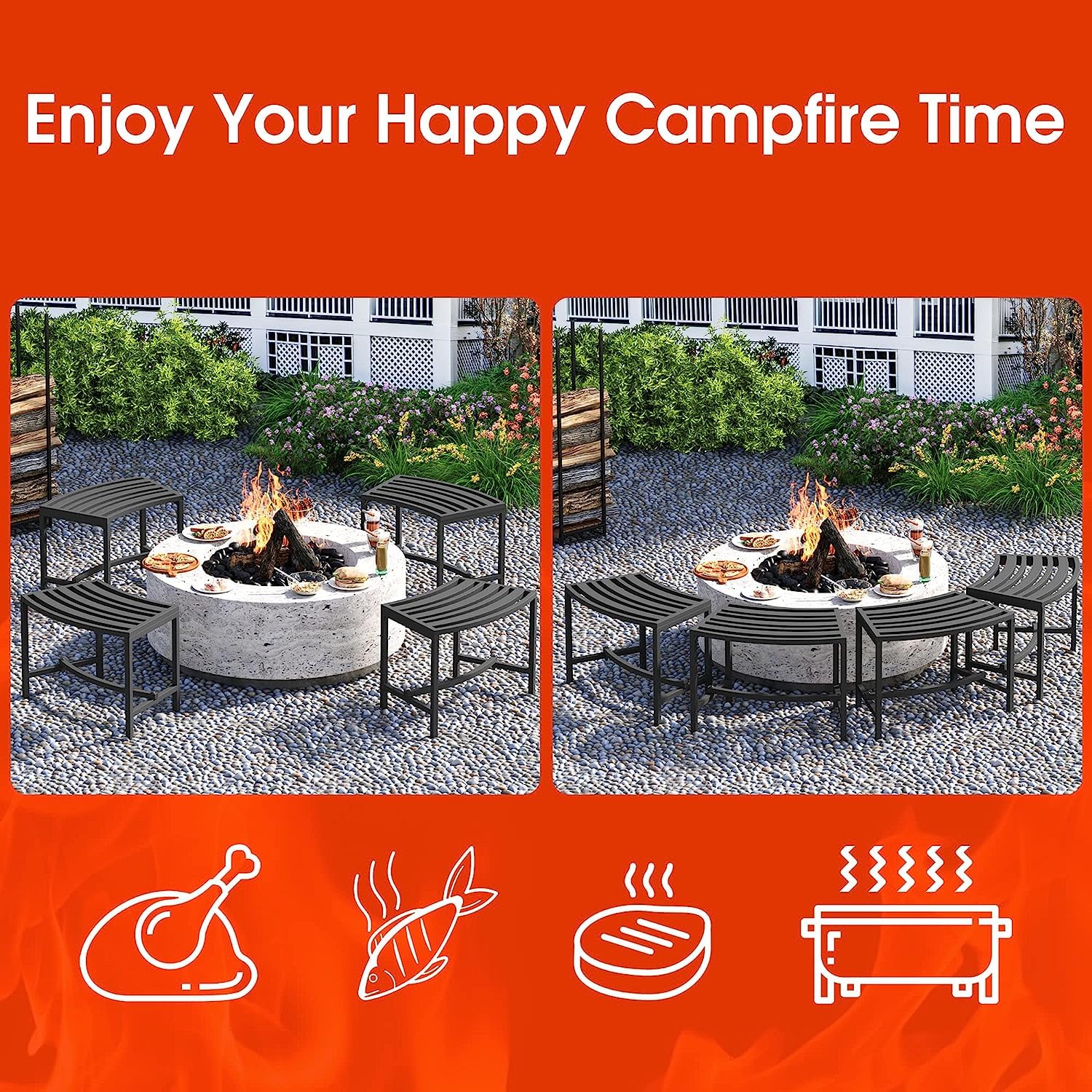 Mingyall Heavy Duty Curved Fire Pit Bench Set of 4, Metal Outside Bench, Outdoor Fire Pit Seating, Steel Backless Fire Pit Bench for Garden, Patio, Porch, Backyard, Plant Stand