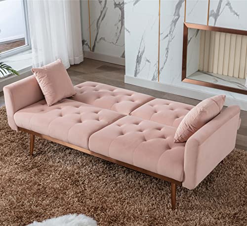 HBHM Velvet Accent Sofa, Loveseat Mid Century Modern Velvet Fabric Couch, Convertible Futon Sofa Bed, Recliner Couch Accent Sofa Loveseat Sofa with Gold Metal Feet,Pink