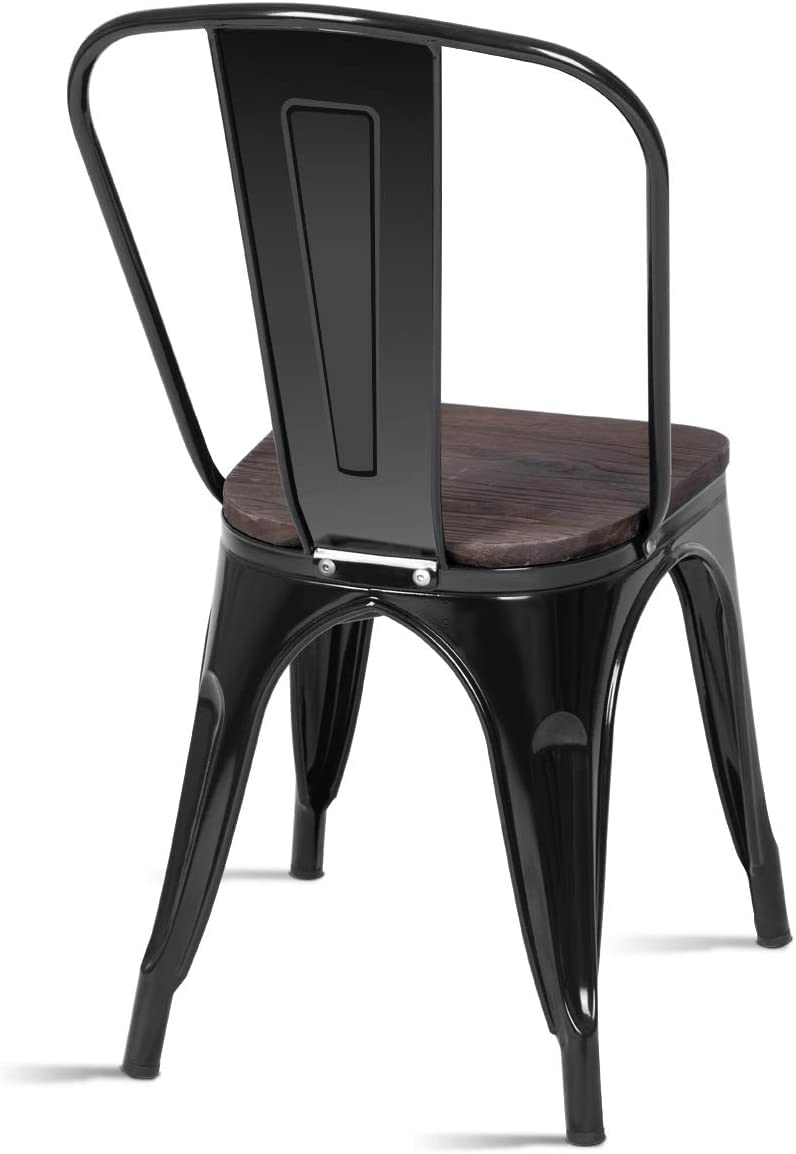 S AFSTAR 18 Inch Dining Chair Set of 4, Stackable Metal Chairs w/Wood Top Seat, Bistro Cafe Side Chair w/High Backrest for Kitchen Patio Restaurant Indoor (Black)