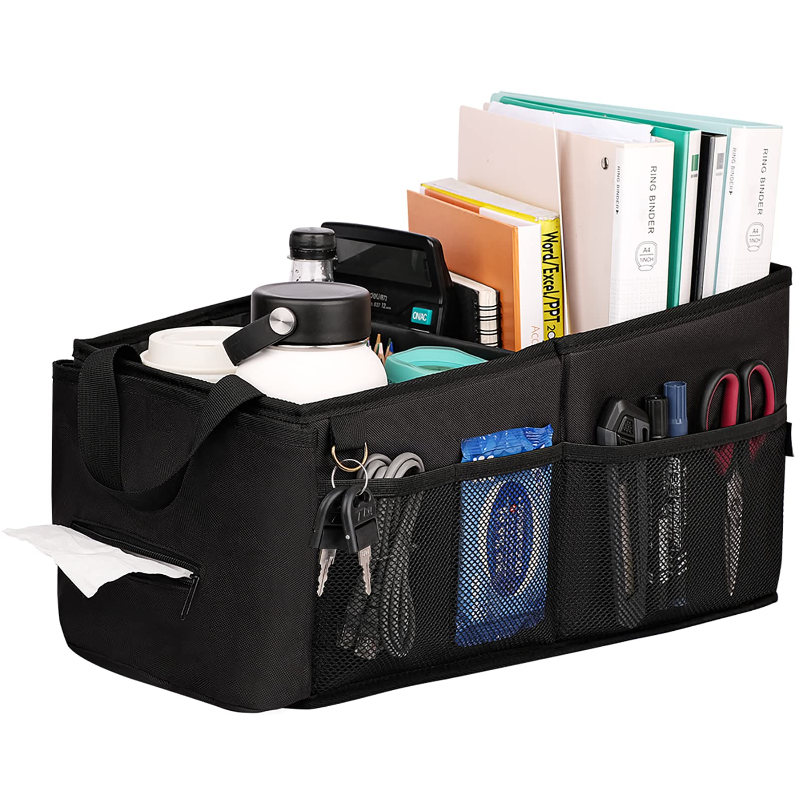 HEYSKAY Back Seat Car Organizer With Tissue Box Passenger Front Seat Organizer Car Caddy Organizer with Coffee Cup Drink Holder Toy Books Storage for Car (Black)