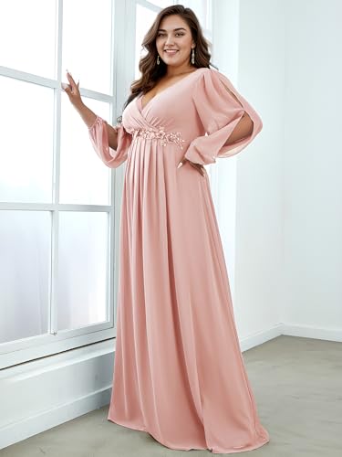 Ever-Pretty Plus Women's Maxi Deep V Neck Long Sleeves Formal Evening Dress Plus Size Pink US14