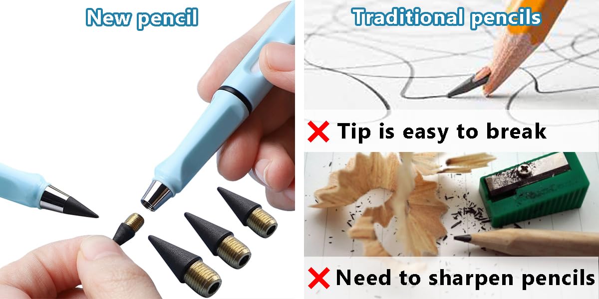 CPDES 6Pcs Everlasting Pencil,Erasable Infinite Pencil,Inkless Pen Everlasting Reusable Unlimited Writing Pencils(6 Pencils + 6 Replacement Pen Tips+ 6 Erasers)