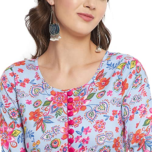 Tissu Women's Rayon Light Blue & Pink Printed A-Line Kurta 2156_Light Blue_XS