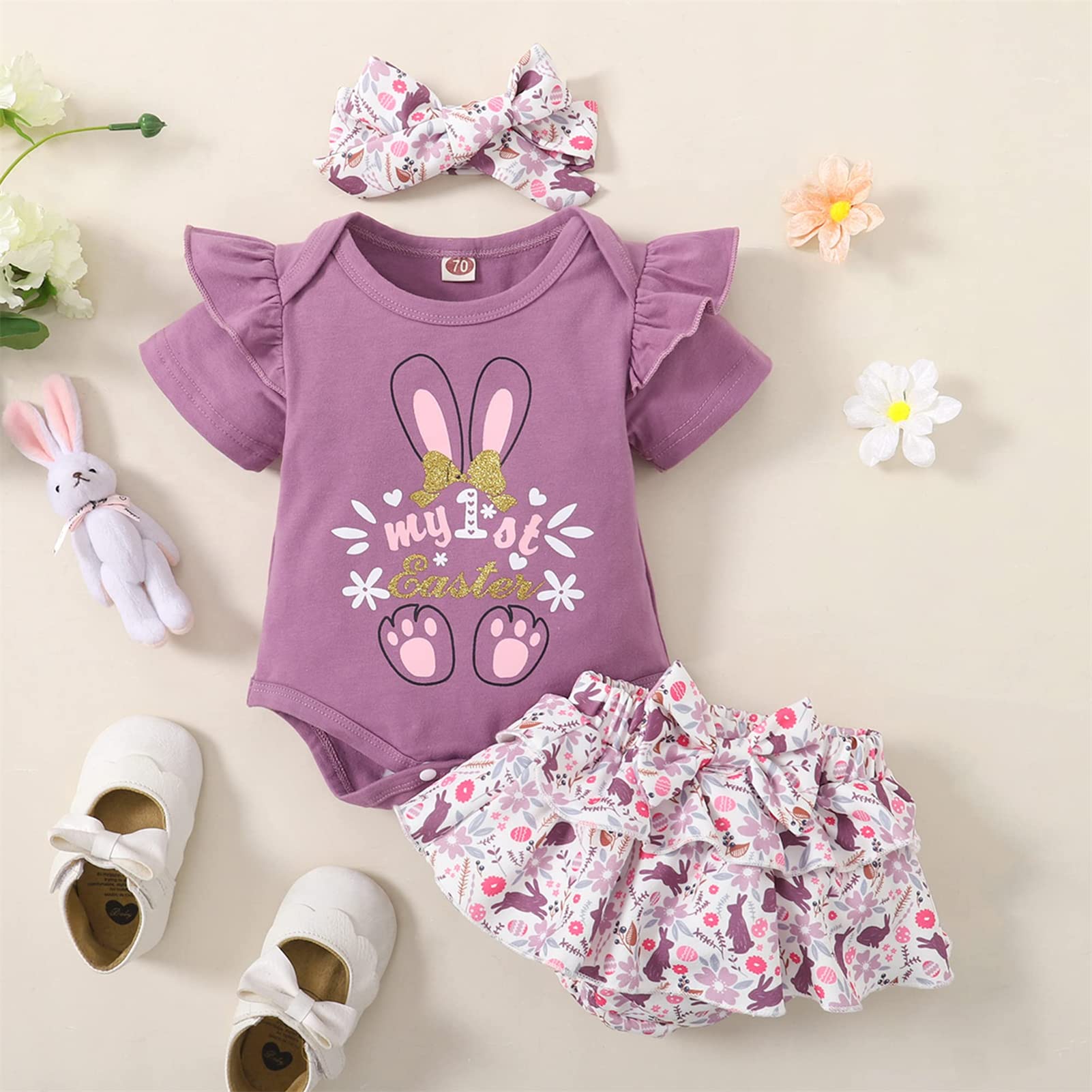 Sinhoon My 1st Easter Baby Girl Outfits Newborn Letter Romper+Bunny Ruffled Shorts+Headband 3Pcs Clothes(Purple,3-6M)