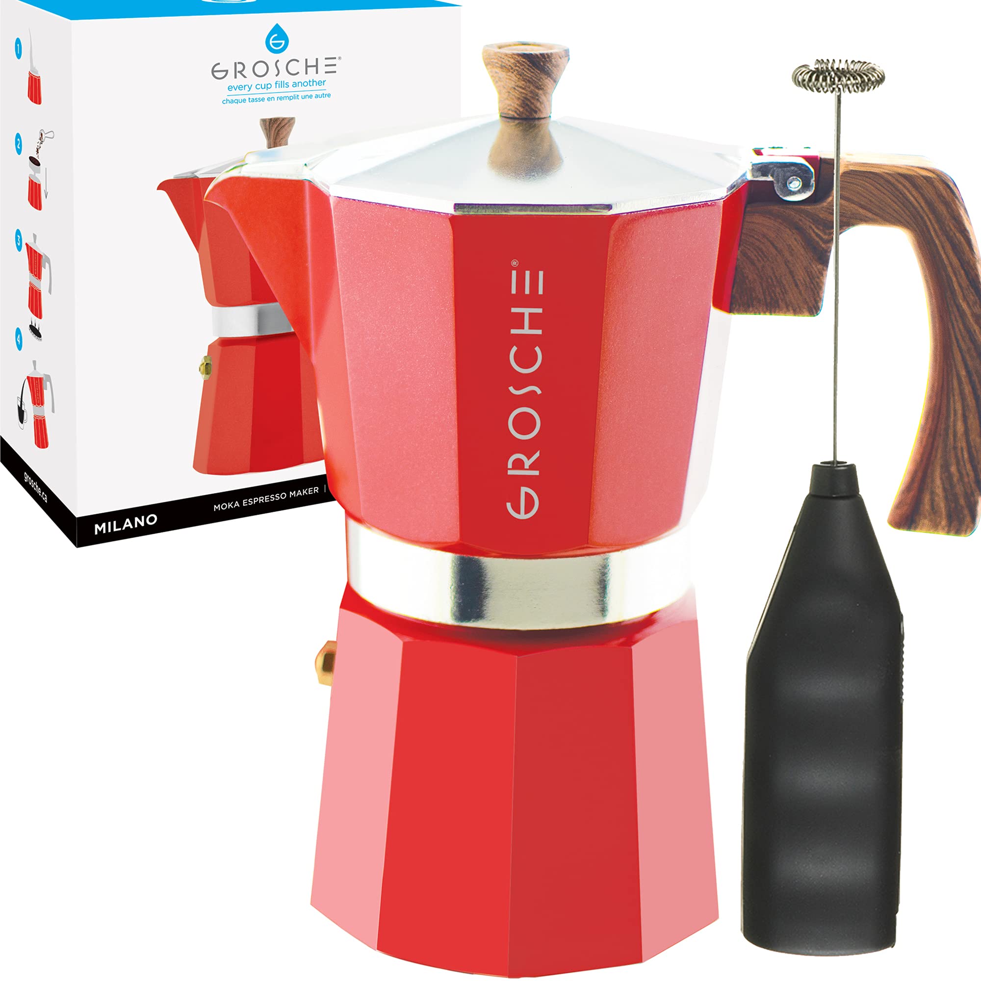 GROSCHE Milano Stove top espresso maker (9 espresso cup size 15.2 oz) Red, and battery operated milk frother bundle for lattes