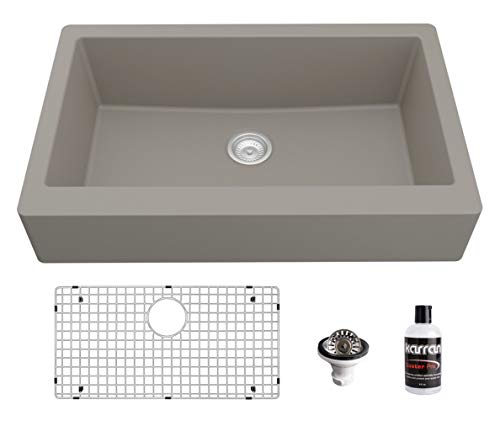 Karran QAR-740 Retrofit Farmhouse/Apron-Front Quartz Composite 34 in. Single Bowl Kitchen Sink Kit in Concrete