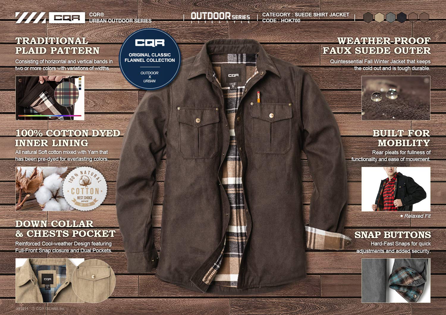 CQR Men's Flannel Lined Shirt Jackets, Long Sleeved Rugged Plaid Cotton Brushed Suede Shirt Jacket, Flannel Lined Calf Brown, Medium