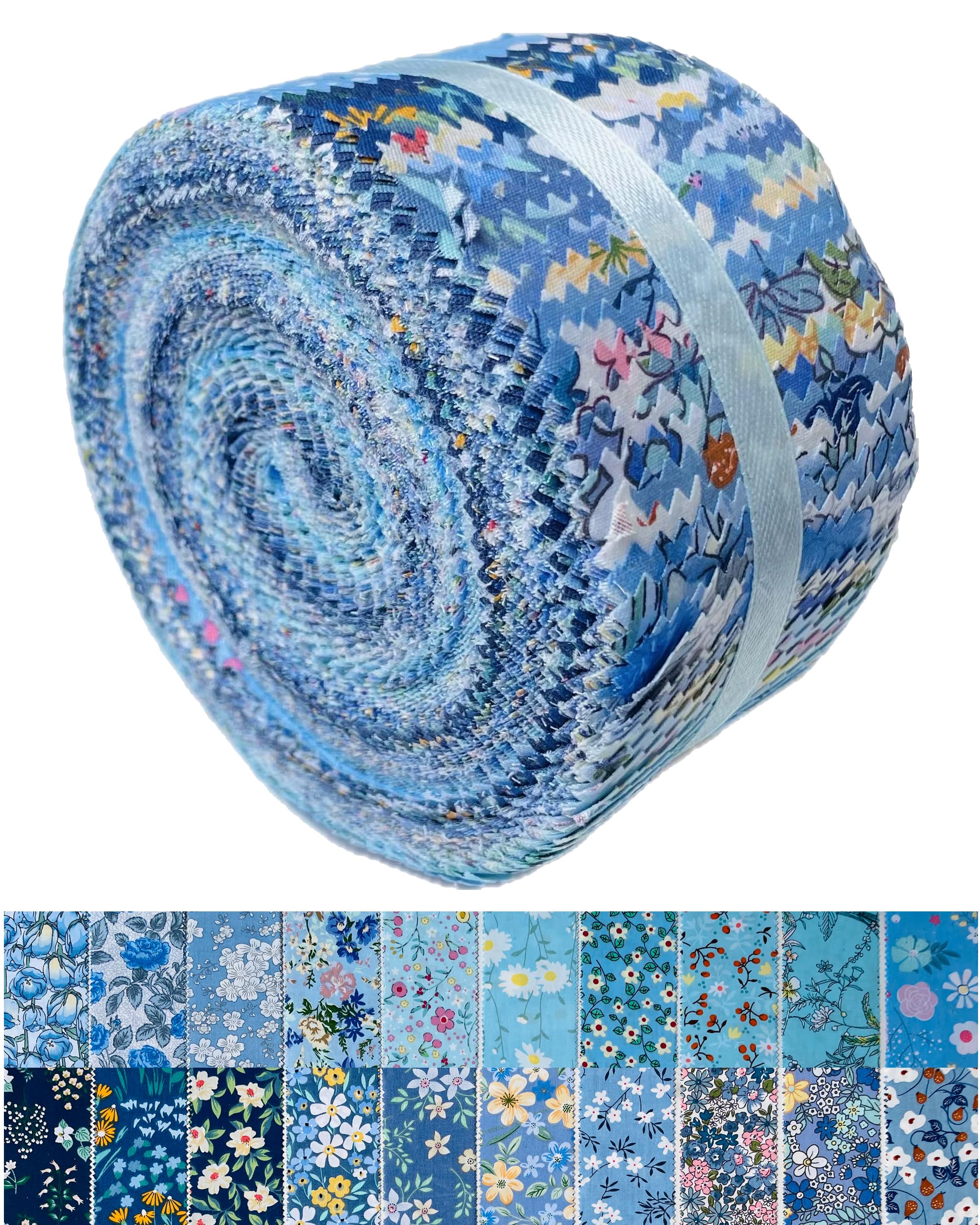 Jelly Roll Fabric - 20 Assorted Floral Prints, 100% Cotton, 40 Pre-Cut Strips (2.5 x 44 Inch) Fabric for Quilting and Sewing, Green Grass