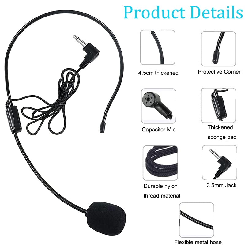 FEESIR Headset Microphone, 3.5mm Connector Jack Black Microphone, for Voice Amplifier,Teachers, Speakers, Coaches, Presentations, Seniors and More, 2 Packs
