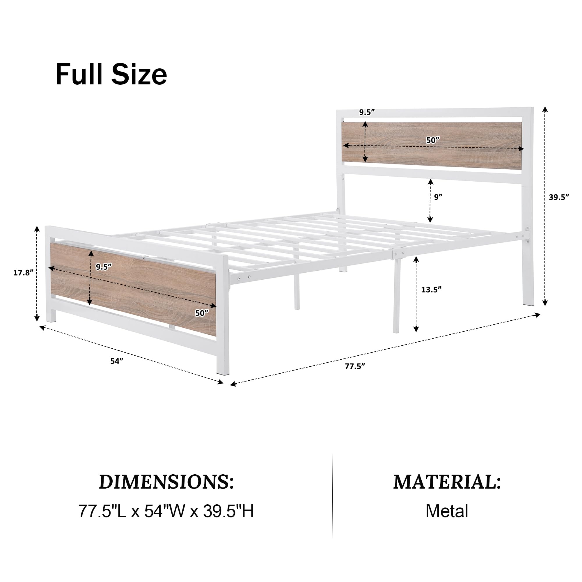 Merax Metal Platform Bed, Bed Frame with Wood Headboard and Footboard,No Box Spring Needed, Easy to Assemble, Full Size, White