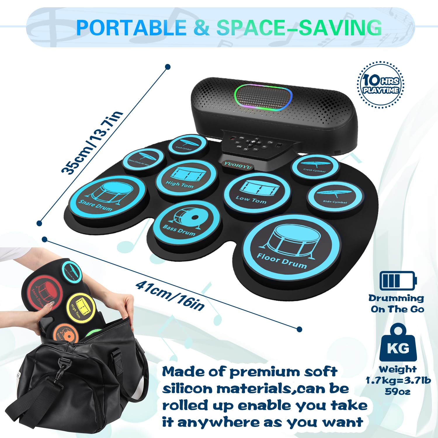 Electronic Drum Set - YUOIOYU Electric Drum Set Roll Up Potable Drum Kit MIDI Practice Drum Pad with Dual Built-in Speaker, Drum Sticks and Pedals,Christmas Birthday Gift for Kids Adult