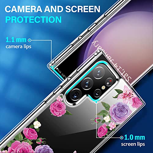 KISPURE for Samsung Galaxy S23 Ultra Case,Clear Rose Flower Garden Floral Women Phone Case Shockproof Protective Design,Thin Soft Silicone TPU Bumper Case for Galaxy S23 Ultra(2023)with kickstand,Pink
