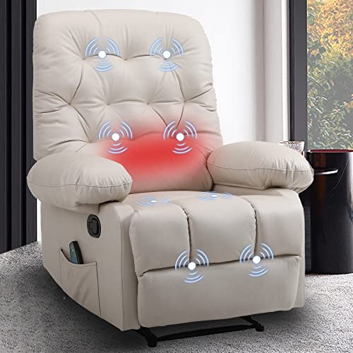 Kasorix Massage Recliner Chairs with Heat Tufted Fabric Manual Reclining Chairs Overstuffed Recliners Massaging Single Sofa for Living Room (Beige), Medium(300lbs)
