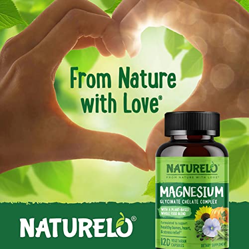 NATURELO Magnesium Glycinate Chelate Complex - 200 mg Magnesium with Organic Vegetables to Support Sleep, Calm, Muscle Cramp & Stress Relief β Gluten Free, Non GMO - 120 Capsules