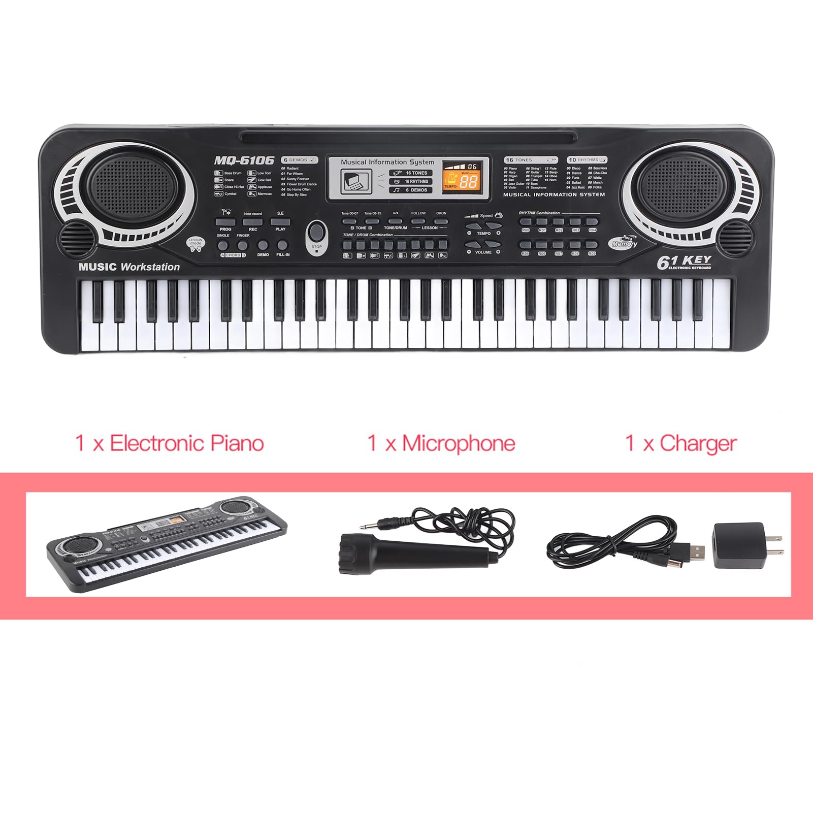 Electronic Keyboard Piano, Portable 61-Key Electric Digital Piano With Microphone, USB Cable, US Plug Charger Piano Keyboard