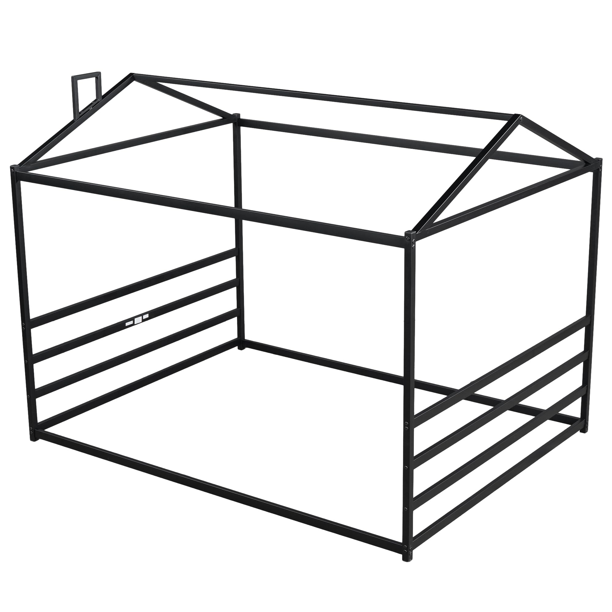 Merax Queen Size Metal House Bed with Roof, Floor Beds with Sturdy Steel Bedframe for Boys and Girls, No Box Spring Needed, Black