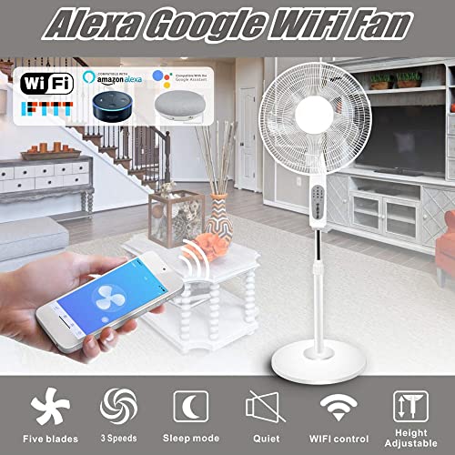 Technical Pro Smart Oscillating Pedestal Fan, 3 Speed Portable 16” WIFI Enabled Standing Fan w Adjustable Height, 270 Degree Oscillation, Tilting, Timer & Sleep mode compatible w/Alexa/Google (White)