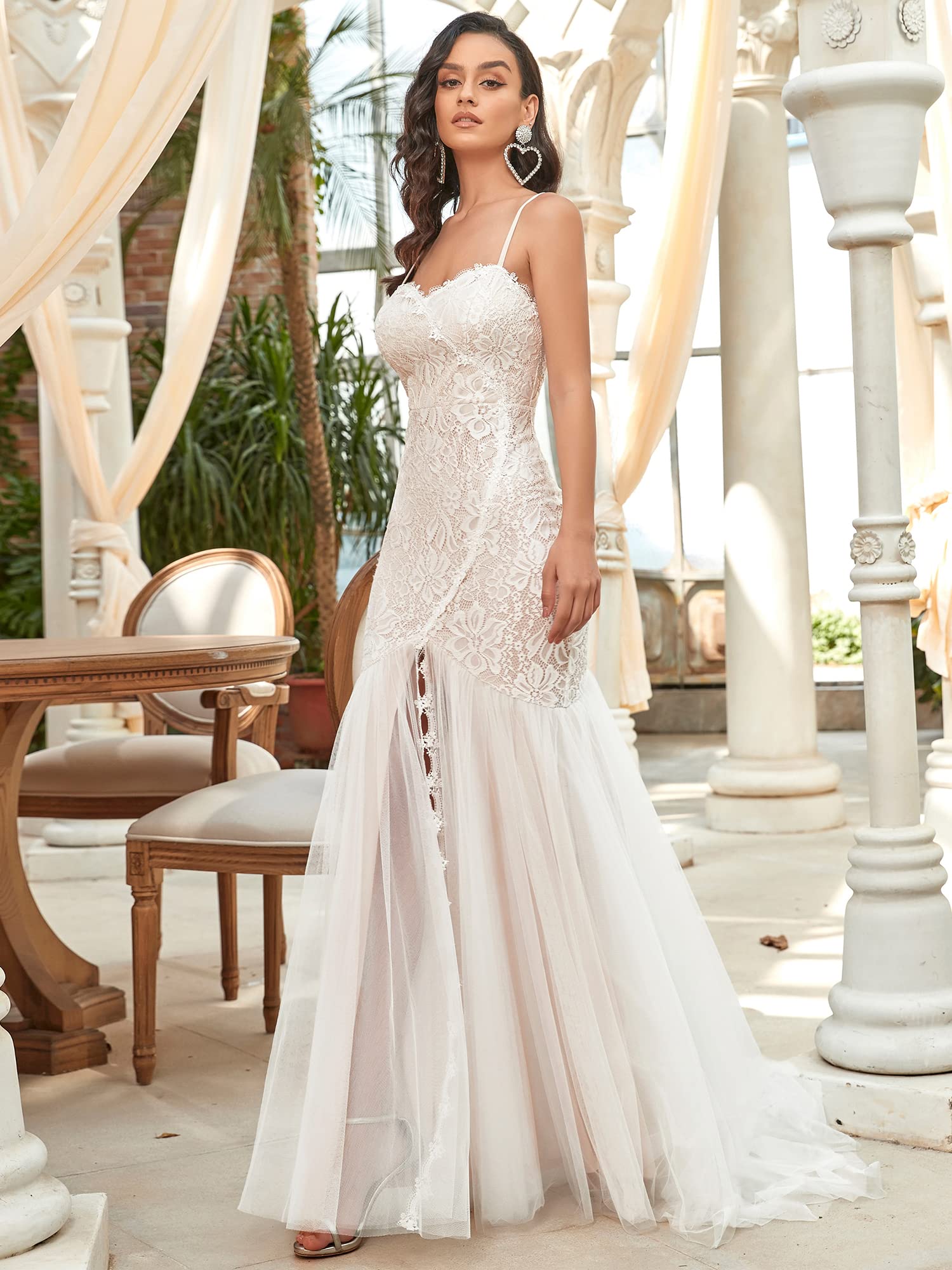 Ever-Pretty Womens Lace Floor Length Mermaid Bridal Gown with Long Train White US10