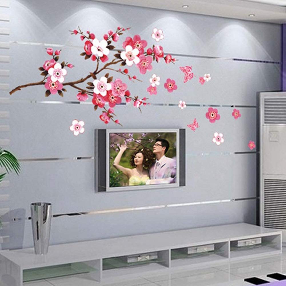CREATIVE HOBBIES Peach Blossom Pattern Wall Sticker DIY Romantic Warm White Cherry Blossom Tree and Flower Wall Decal 3D Wall Art Stickers Murals Home Decor