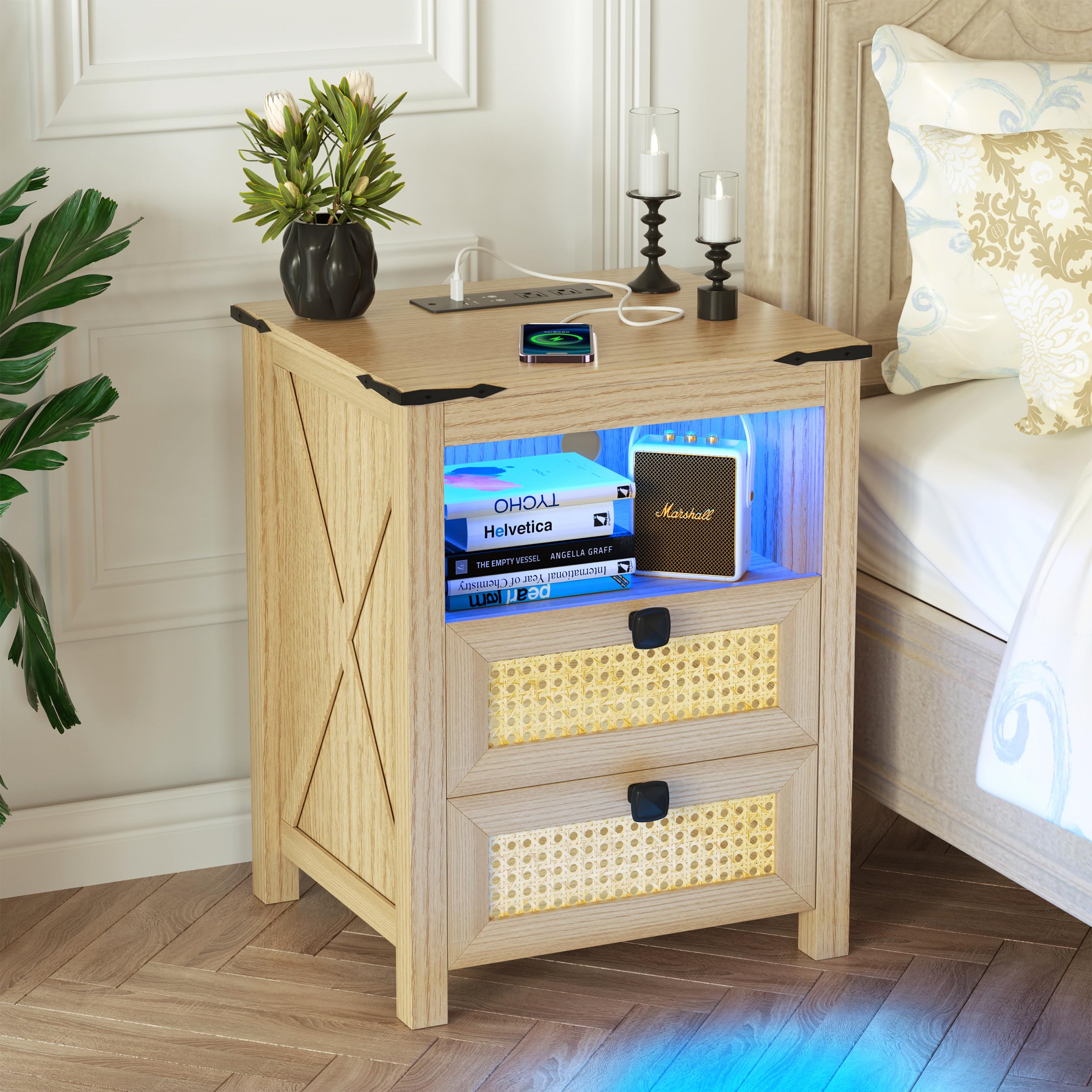 Night Stand with Charging Station, LED Nightstand with Rattan Drawers, Modern Side End Table with Human Sensor Light, Bedside Table for Bed Room Night Stand, Natural Wood (1PCS)