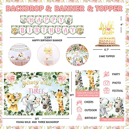 Fiesec Young Wild and Three Decorations Girl, Jungle Safari Animal Theme 3rd Party Decorations Backdrop Balloons Banner Cake Cupcake Topper Poster Crown Lion Cheetah Giraffe Pink 119 PCs