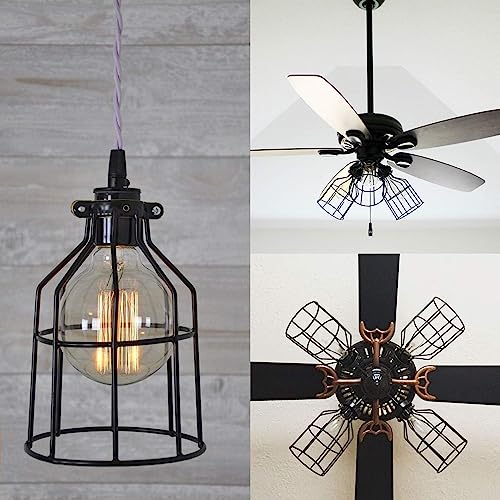 KastLite Metal Bulb Guard - Adjustable Lamp Base for Ceiling Fans - Pendant String Light Vintage Lamp Shade Cover - Wire Fixture Cage - Farmhouse Light Fixture - 4 Lamp Cages for Pendant String Lights