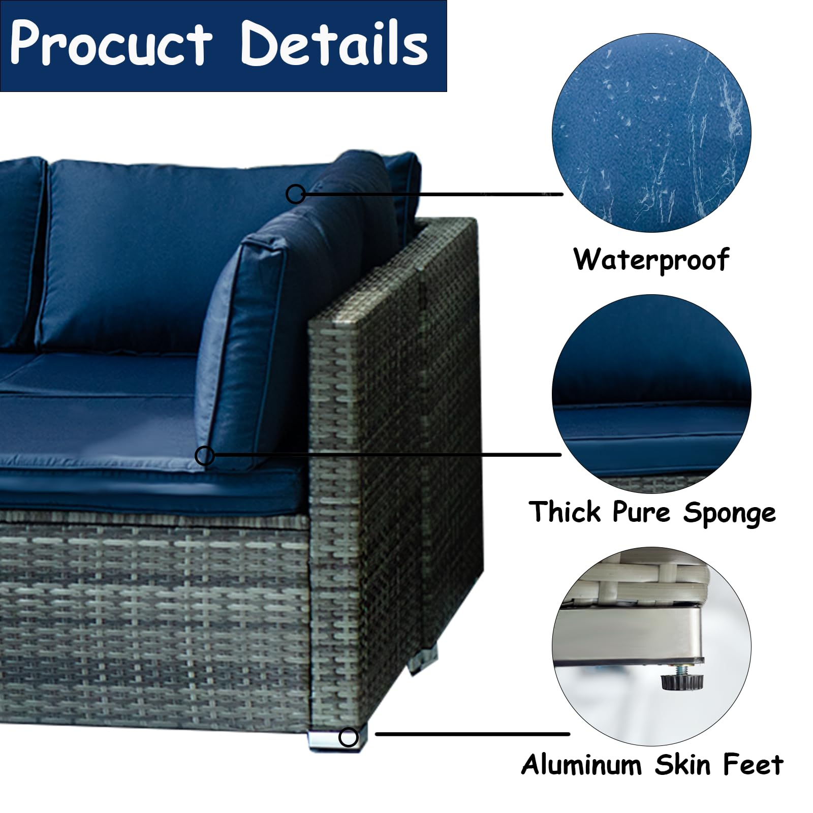Generic 8 Pieces Outdoor Wicker Rattan Patio Furniture Sectional Set, Modular Sofa Sections with Cushions, PE Rattan Wicker Conversation Sets with Glass Top Coffee Table & Hidden Storage (Gray-Blue)