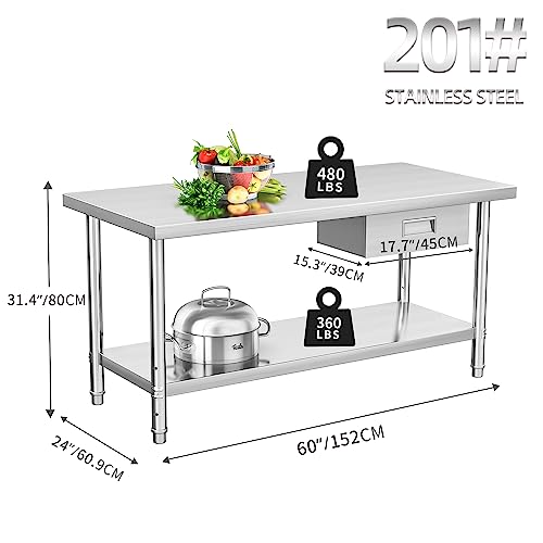 YITAHOME Stainless Steel Table with Drawer, 60" X 24" Work Table with Drawer, Metal Table Prep Table for Home Kitchen Restaurant Garage Warehouse