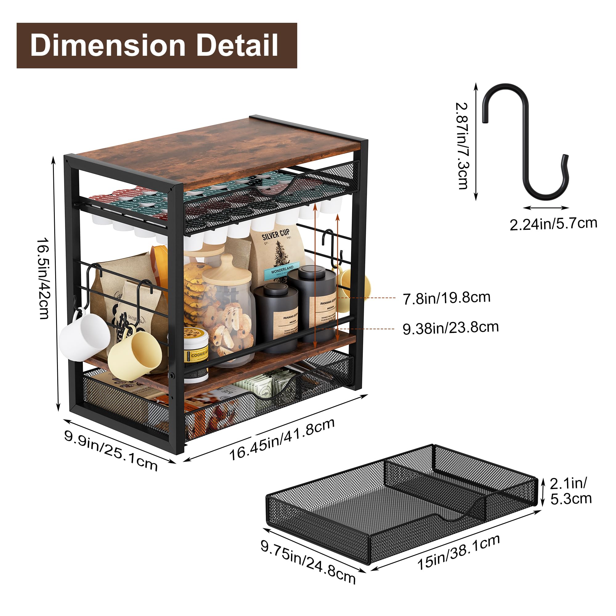 IZLIF Coffee Pod Stand 70 Capacity Cup Holder Drawer Coffee Pod Organizer for Counter with Mug Hook Racks, Black