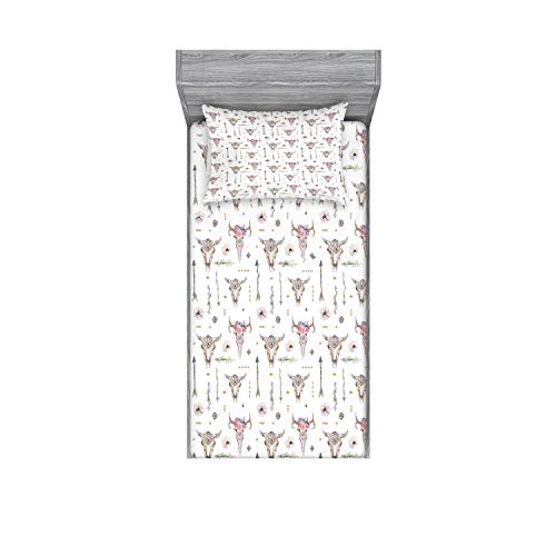 Lunarable Arrows Fitted Sheet & Pillow Sham Set, Boho Pattern Artwork Feathers Cow Skulls Rustic Themed Shapes Print, Decorative Printed 2 Piece Bedding Decor Set, Twin, White Ivory