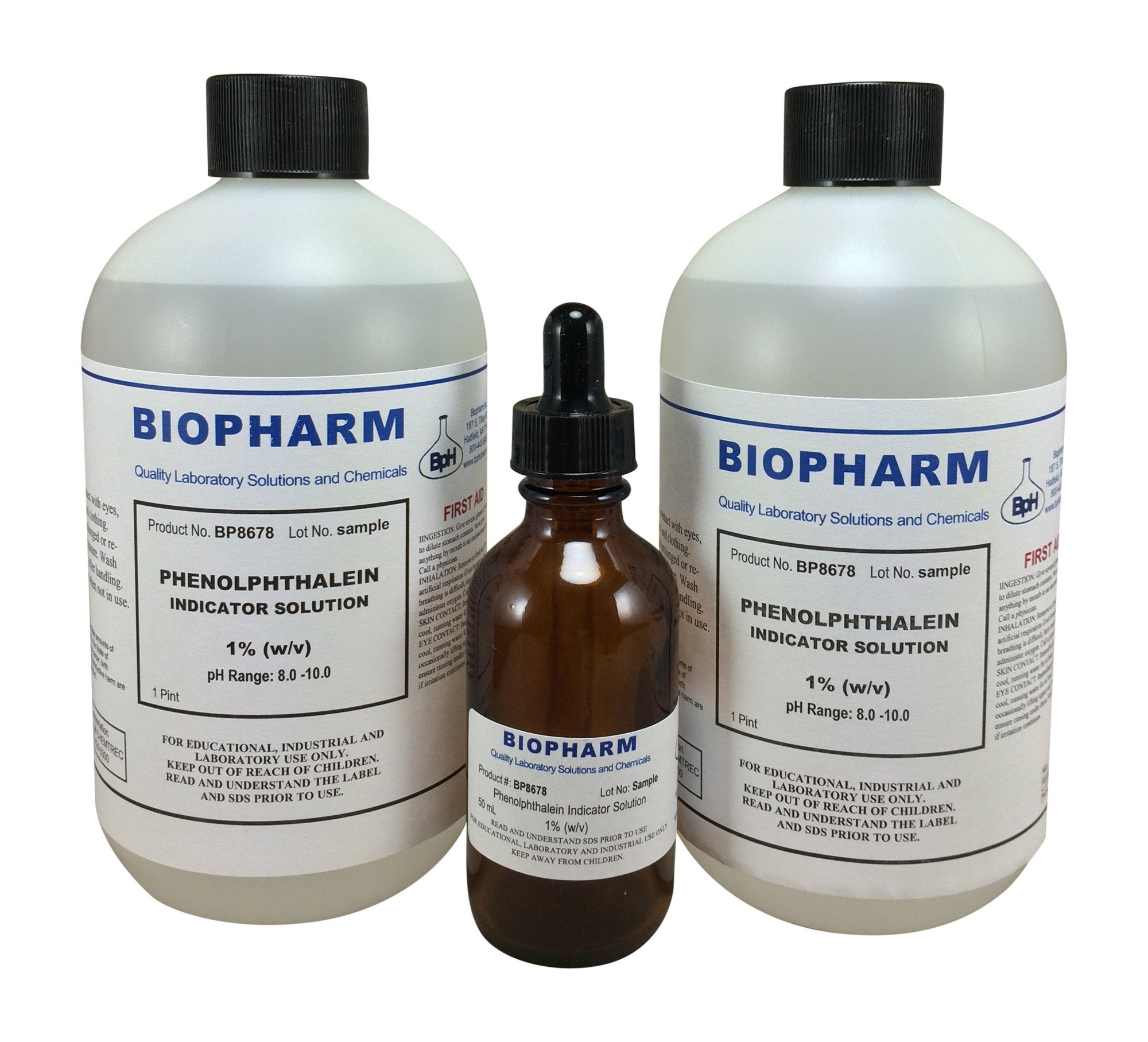 Phenolphthalein pH Indicator 1% Solution — Two 500 mL (1.06 Pint) Bottles Plus 1 Dropper Bottle containing 50 ml of Solution