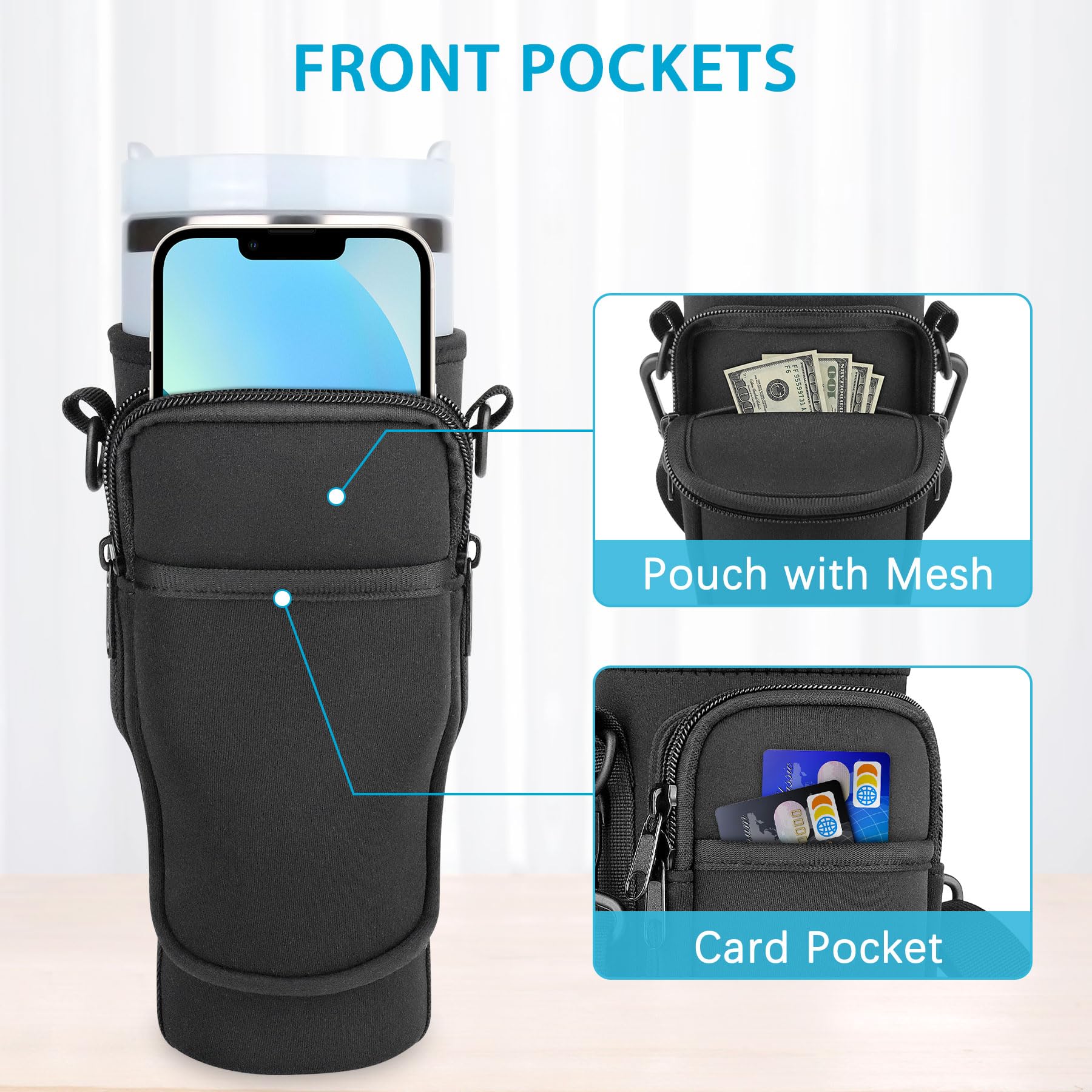 CTSZOOM Water Bottle Carrier Bag for Stanley 40 Oz Tumbler, Bottle Pouch Holder with Pocket and Adjustable Shoulder Strap for Stanley Quencher H2.0, Accessories for Stanley Cup Walking Camping Black